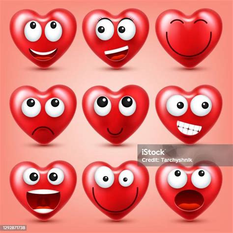 Sevgililer Günü Için Kalp Gülen Emoji Vektör Ayarlayın İfadeler Ve