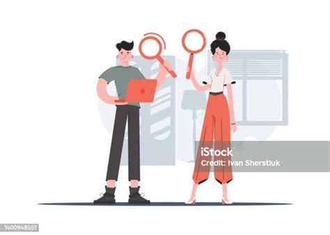 한 남자와 한 여자가 돋보기를 손에 들고 완전히 성장하고 있습니다 검색 프리젠 테이션 사이트를위한 요소 가상현실에 대한 스톡