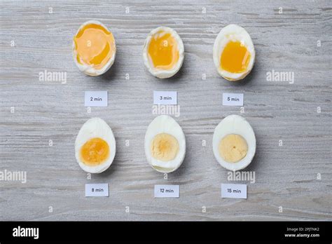 Different Cooking Time And Readiness Stages Of Boiled Chicken Eggs On