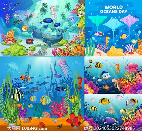 水底海洋生物卡通插画创意矢量素材 大图网图片素材