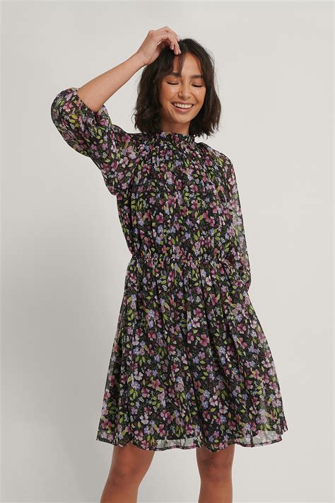High Neck Elastic Waist Puff Dress Flower Na Kd