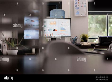 Empty Startup Office With Desktop Computer Showing Corporate Software