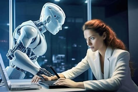 A Female Programmer Discusses Project Details With A Humanoid Robot