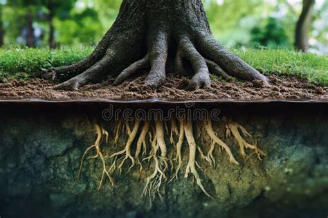 Tree Root System Extending Deep Into Soil Cross Section Stock