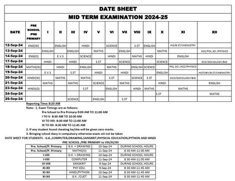 Mid Term Date Sheet Pdf