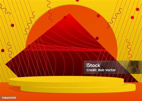 추상적인 빨강 주황 노랑 무대 쇼케이스 모형 실린더 받침대 연단 프리젠테이션을 위한 사실적인 벡터 제품 디스플레이 미래 지향적인 3d 방 공상 과학 최소한의 기하학적 빈