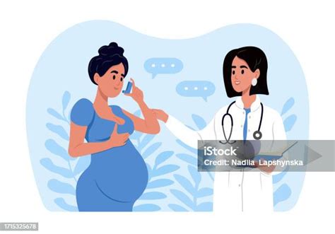 의사는 임산부에게 천식 발작 중에 흡입기를 사용하는 방법을 알려줍니다 세계 천식의 날 알레르기 천식 흡입 약물 기관지 천식 임신에 대한 스톡 벡터 아트 및 기타 이미지