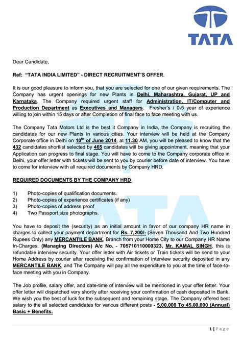 Tata India Limited Offer Letter Beware Of Fake Job Offer Letter In Name Of Tata Motors Ltd