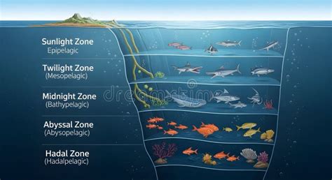Ocean Zones Illustrating Diverse Marine Life Across Sunlight Twilight