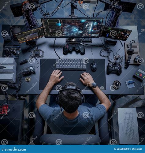 A Man Working On A High Tech Computer Setup With Multiple Monitors And