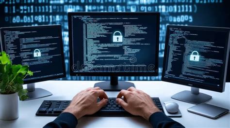 Programmer Coding On Multiple Monitors With Cybersecurity Overlays