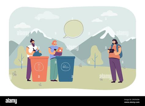 Cartoon Man And Woman Sorting Garbage Into Recycle Bins Outdoors Stock Vector Image And Art Alamy