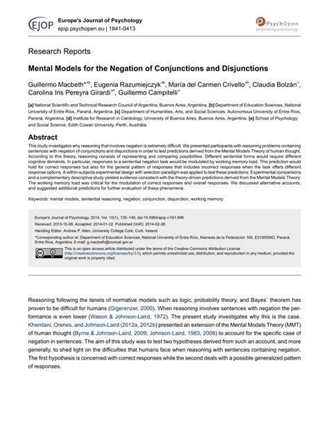 Pdf Mental Models For The Negation Of Conjunctions And Disjunctions