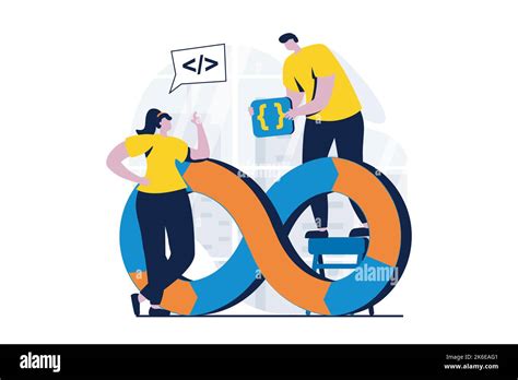 Devops Concept With People Scene In Flat Cartoon Design Man And Woman