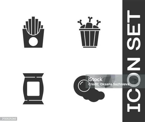상자에 스크램블 에그 감자 감자 튀김 가방 또는 패킷 감자 칩 및 닭 다리 패키지 아이콘을 설정합니다 벡터 가금류에 대한 스톡 벡터 아트 및 기타 이미지 Istock
