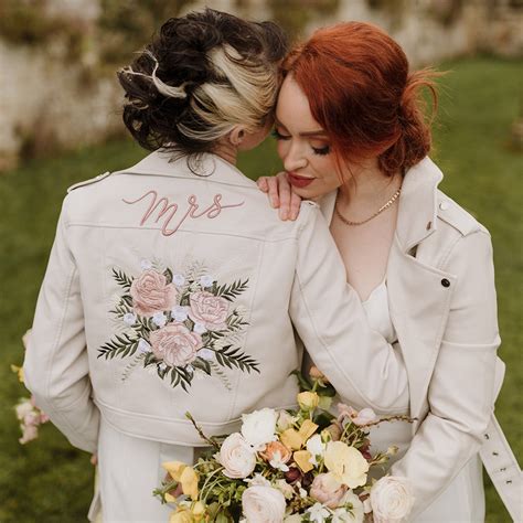 Personalised Floral Embroidery Ivory Faux Leather Bridal Jacket The