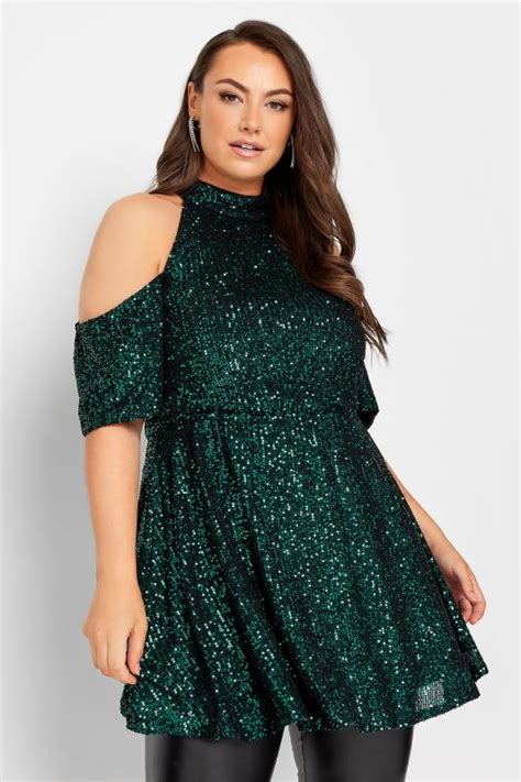 Yours London Plus Size Green Sequin Choker Cold Shoulder Top Yours