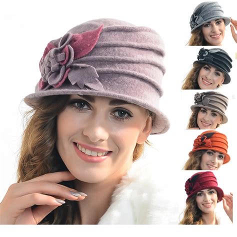 Women Floral Wool Cloche Bucket Hat Bowler Hat Winter Church Dress Tea
