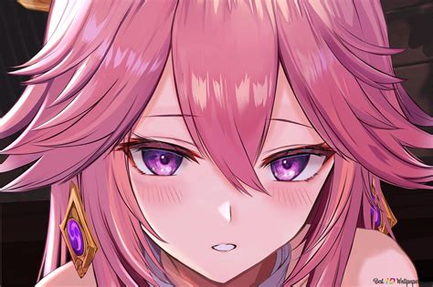 Yea Miko Beautiful Pink Hair Anime Girl Ganshin Impact 2k Wallpaper
