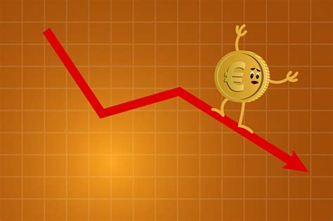 아래 유로 동전 문자와 화살표 인플레이션 경제 위기 충돌 또는 경제 금융 경기 침체 Stock Market Crash에 대한 스톡 벡터 아트 및 기타 이미지 Istock