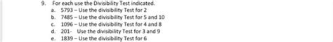 solved 9 for each use the divisibility test indicated a