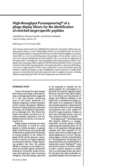 Pdf High Throughput Pyrosequencing Of A Phage Display Library For The