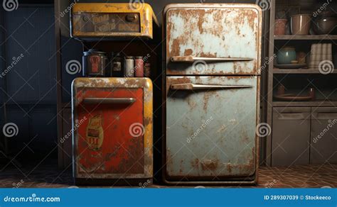 Retro Rusty Refrigerators Unreal Engine Kitchen Still Life Stock