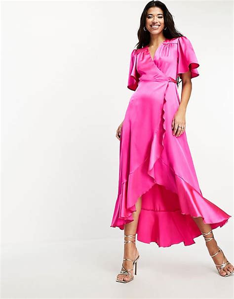 Flounce London Satin Maxikleid In Fuchsia Pink Mit Flatterärmeln Und
