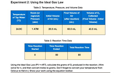 Solved Experiment 2 Using The Ideal Gas Law Table 2