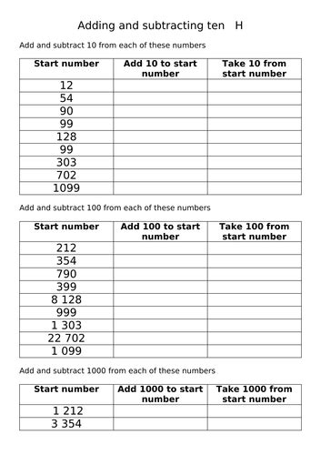 Adding And Subtracting 10 100 1000 Etc Teaching Resources