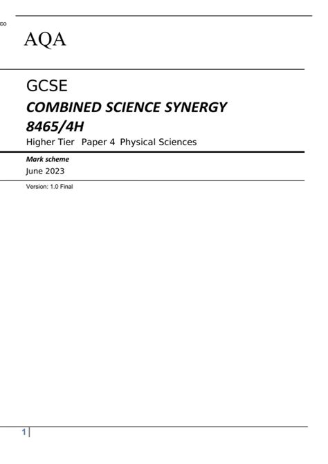 Aqa Gcse Combined Science Synergy 84654h Higher Tier Paper 4 Physical