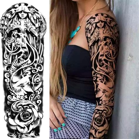 Full Sleeve Black Temporary Tattoo Realistic Cross Rose Dove Rose Leg