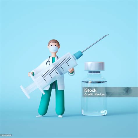 3d 렌더링 큰 주사기를 들고 만화 의사 캐릭터 명확한 액체와 유리 병 근처에 서 파란색 배경에 격리된 클립 아트입니다 예방