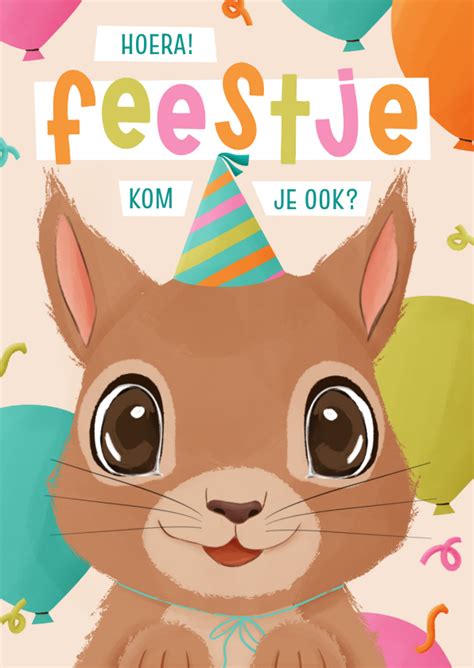 Vrolijke Uitnodiging Kinderfeestje Eekhoorn Kaartje2go