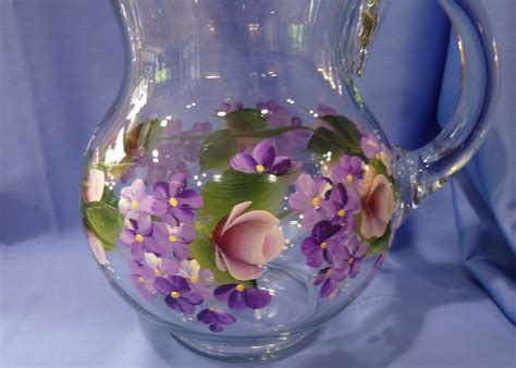 Hand Painted Glass Pitcher Beverage Container Pink Roses Etsy