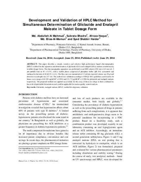 Pdf Development And Validation Of Hplc Method For Simultaneous Determination Of Gliclazide And