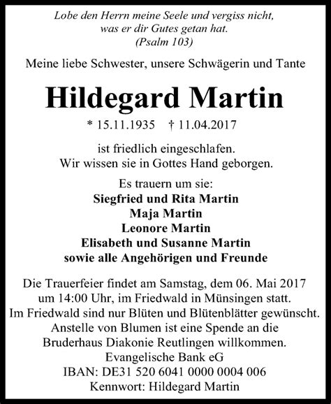 Traueranzeigen Von Hildegard Martin Trauer Gea De