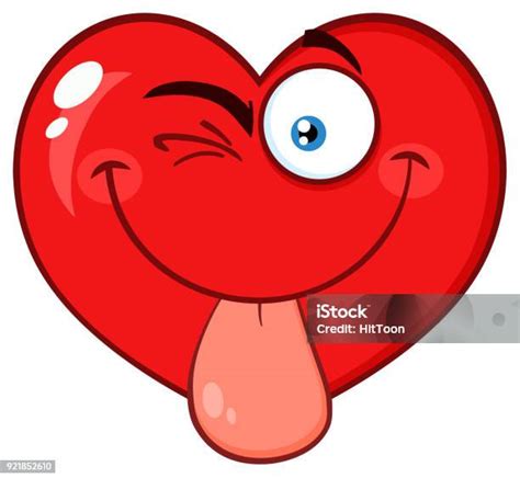 윙크 하는 그의 혀를 튀어나와와 붉은 심장 만화 Emoji 얼굴 캐릭터 건강한 생활방식에 대한 스톡 벡터 아트 및 기타 이미지