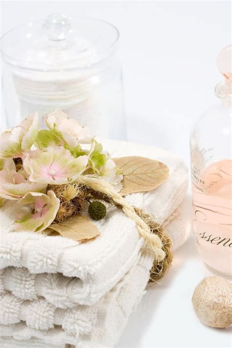 Massage Oil And Towels Stock Image Image Of Hydrangea 9371281