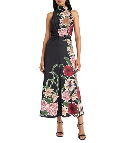 Maggy London Mock Neck Floral Print Satin Charmeuse Twist Front Blouson