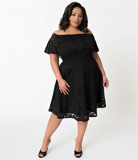 Plus Size Black Lace Off Shoulder Dress