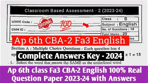 6th Class English Fa3 Question Paper 2024 6th Class English CBA 2 Fa3 Question Paper 2024