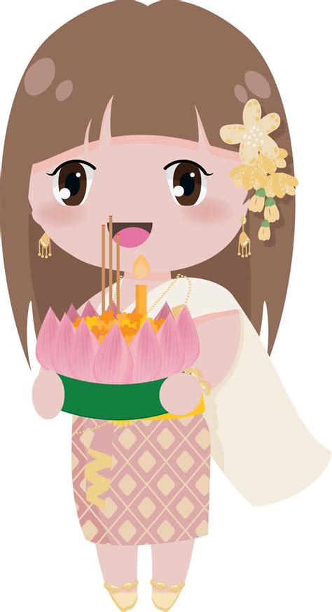 Cute Flat Style Thai Couple In Traditional Dress Loy Krathong In