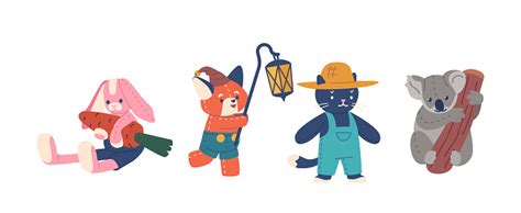 봉제 인형 토끼와 여우 고양이 또는 코알라 부드럽고 꼭 껴안고 싶은 귀여운 아기 장난감 어린이를 위한 껴안을 수 있는 동반자 세트 0명에 대한 스톡 벡터 아트 및 기타