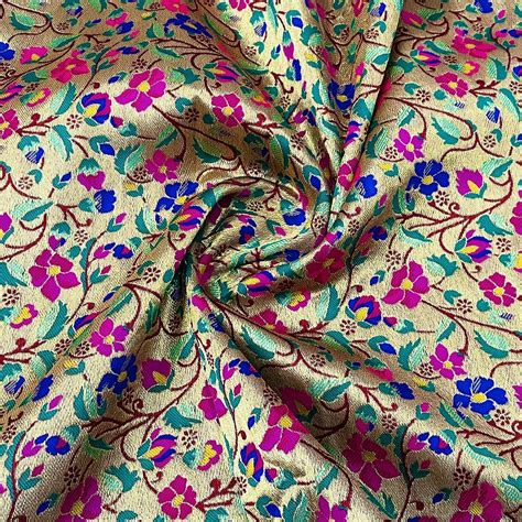 Buy Classic Golden Blue Floral Brocade Jacquard Fabric Online At