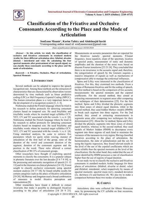 Classification Of The Fricative And Occlusive Consonants According To The Place And The Mode Of