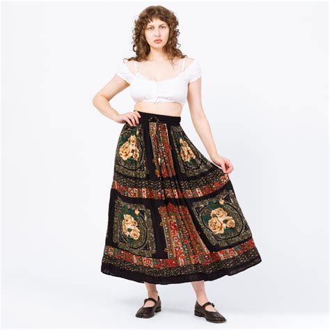 Vintage 90s Boho Rose Floral Maxi Broomstick Skirt Medium To Large