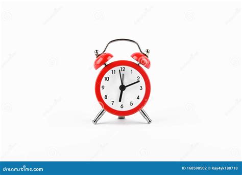 Red Retro Alarm Clock On A White Background Round Red Alarm Clock On A