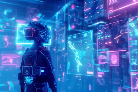 Futuristic Woman In Virtual Reality Headset Control Futuristic Data On