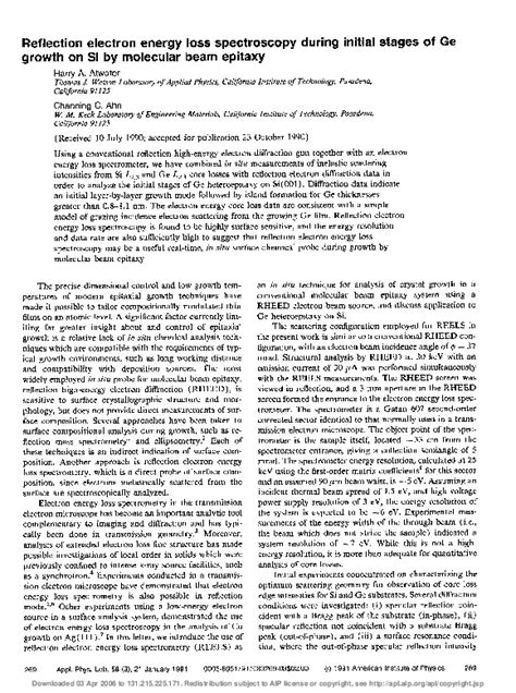 Pdf Reflection Electron Energy Loss Spectroscopy During Initial Stages Of Ge Growth On Si By